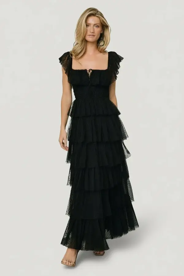 MABLE Valora Swiss Dot Tulle Maxi Dress - Black