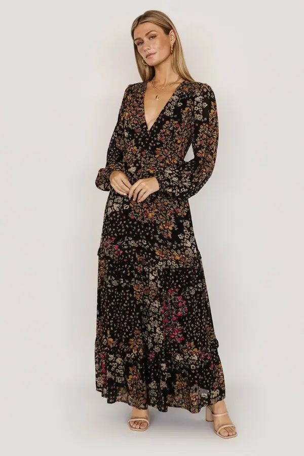 POLAGRAM Bowman Deep V Maxi Dress - Black Multi