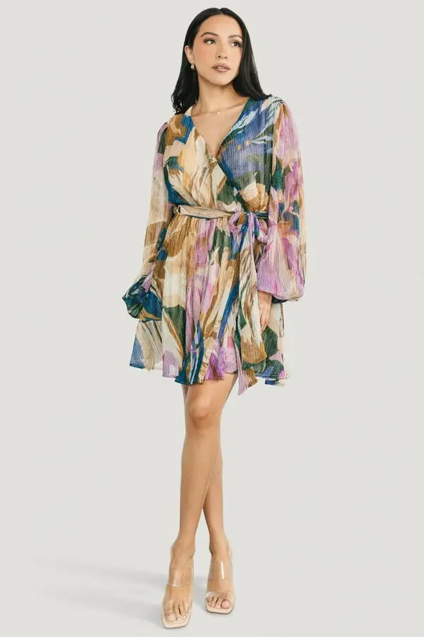 FLYING TOMATO Print Pleated Wrap Mini Dress - Orchid Multi