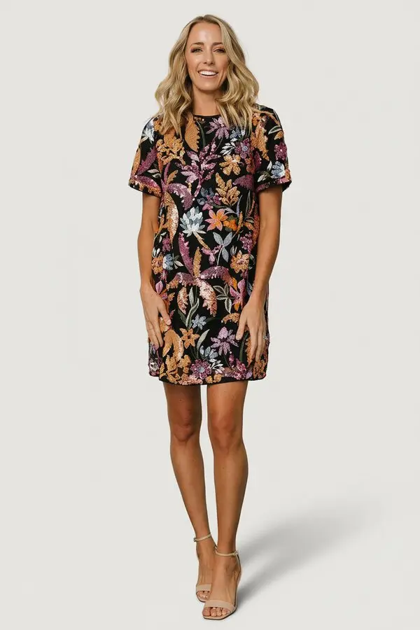 FLYING TOMATO Patricia Sequin Short Dress - Black