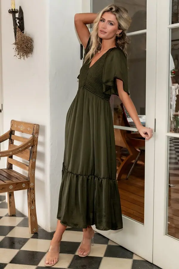 IN LOOM Lovell Smocked Midi Dress - Deep Olive