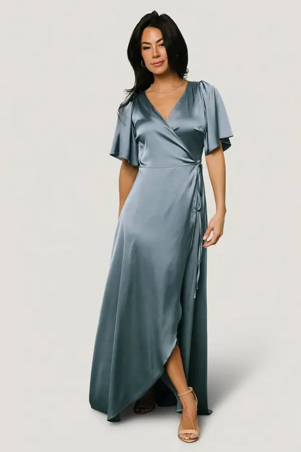 XH TEXTILES Vara Satin Maxi Wrap Dress - Dusty Blue