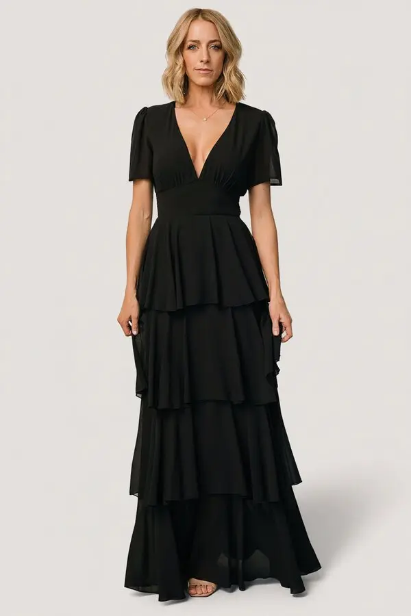 XH TEXTILES Montaigne Ruffle Maxi Dress - Black