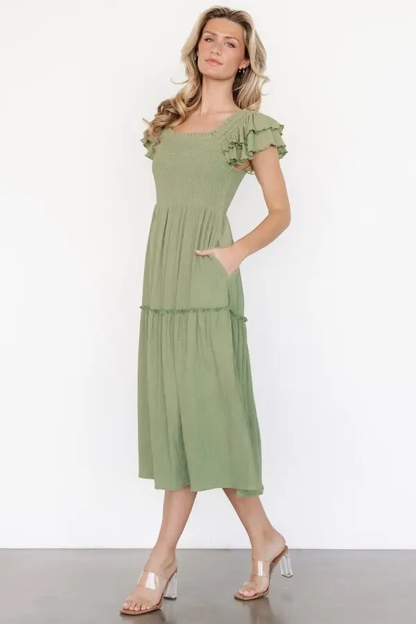 LISTICLE Jacie Smocked Midi Dress - Sage