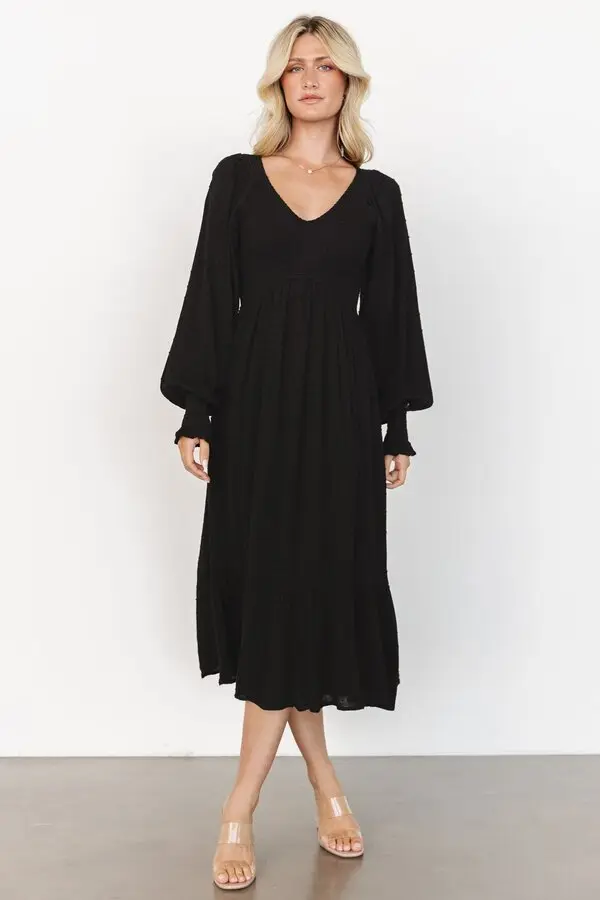 IN LOOM Lainey Smocked Dotted Midi Dress - Black
