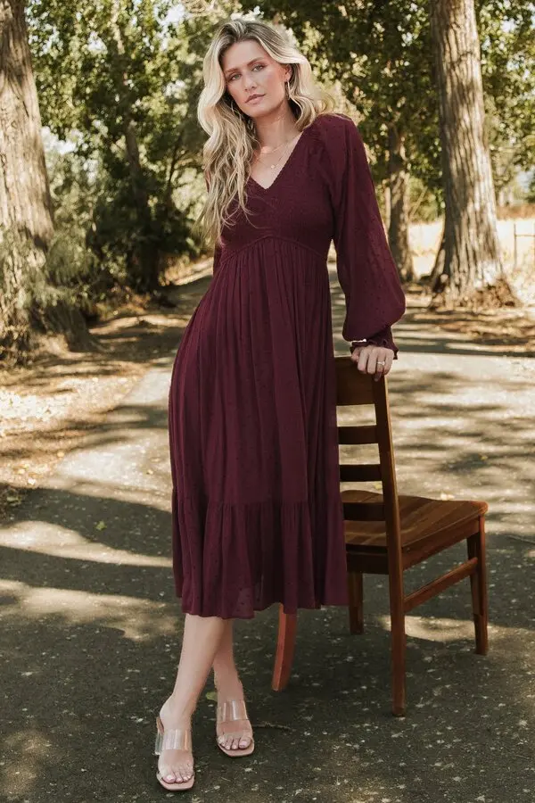 IN LOOM Lainey Smocked Dotted Midi Dress - Mulberry