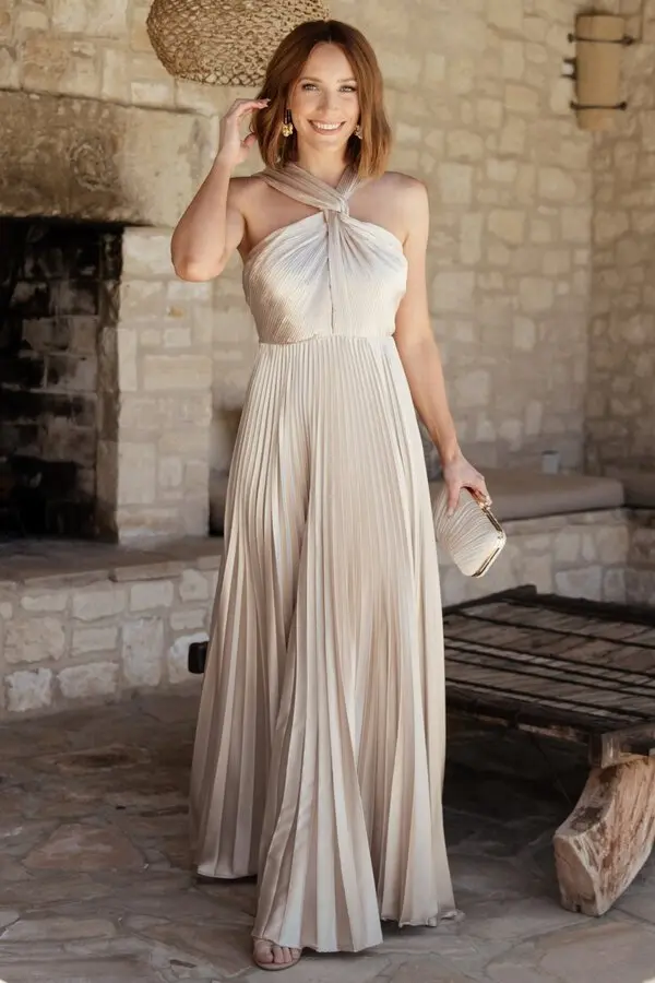 AAKAA Sandra Pleated Halter Maxi Dress - Champagne