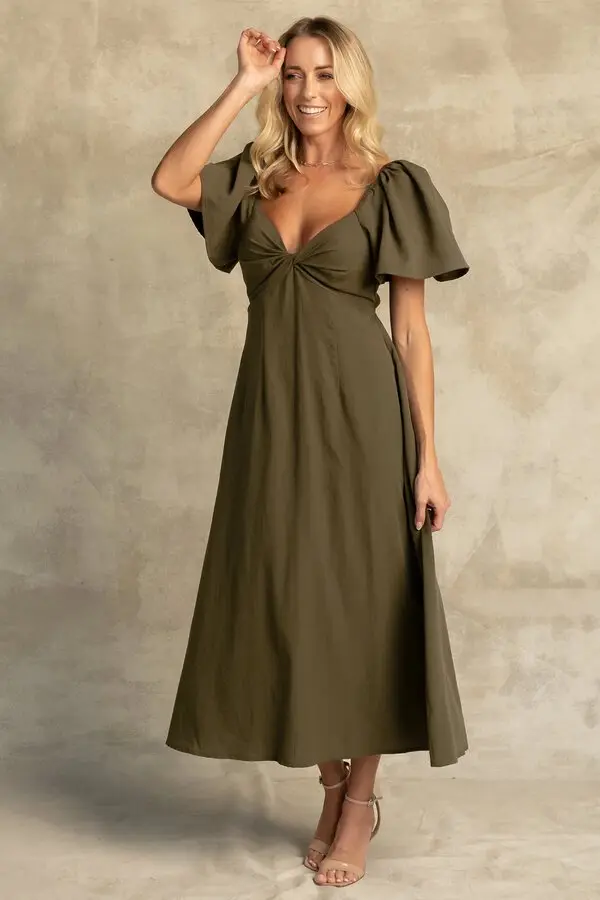 POLAGRAM Indie Back Tie Midi Dress With Sweetheart Neckline - Olive