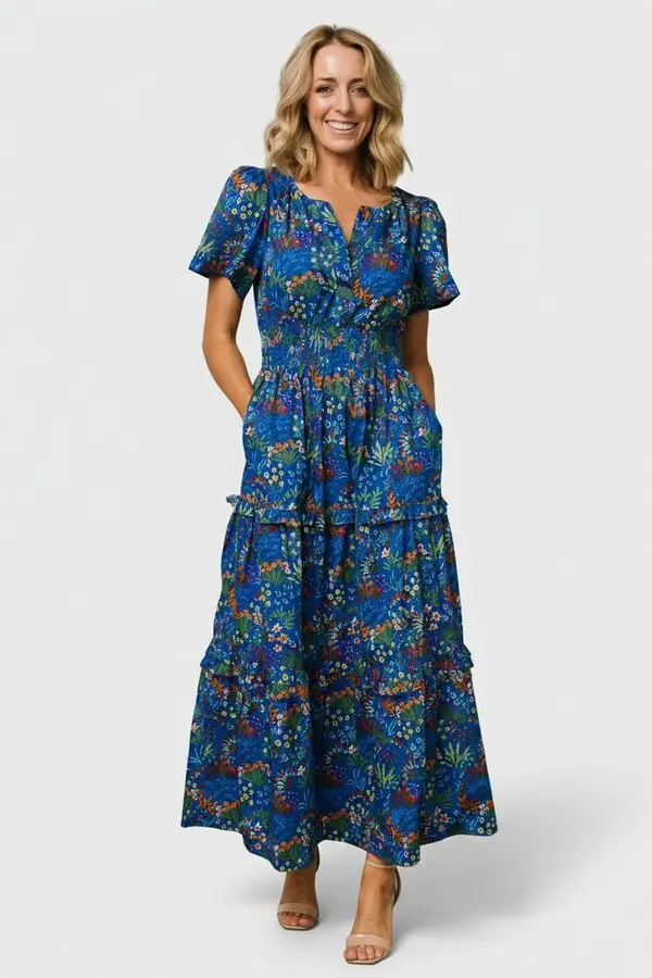 SUGAR LIPS Palmer Tiered Maxi Dress - Cobalt Multi