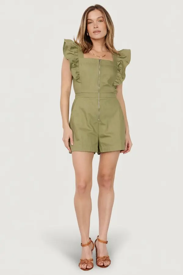 GILLI Montgomery Denim Romper - Olive