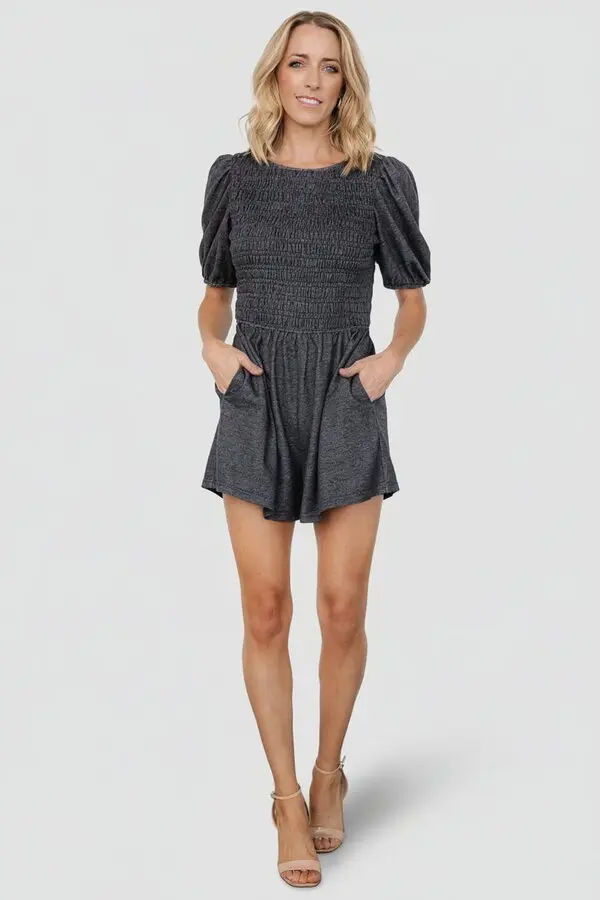 LISTICLE Beaumont Romper Smocked Bodice Jersey Knit - Heather Black