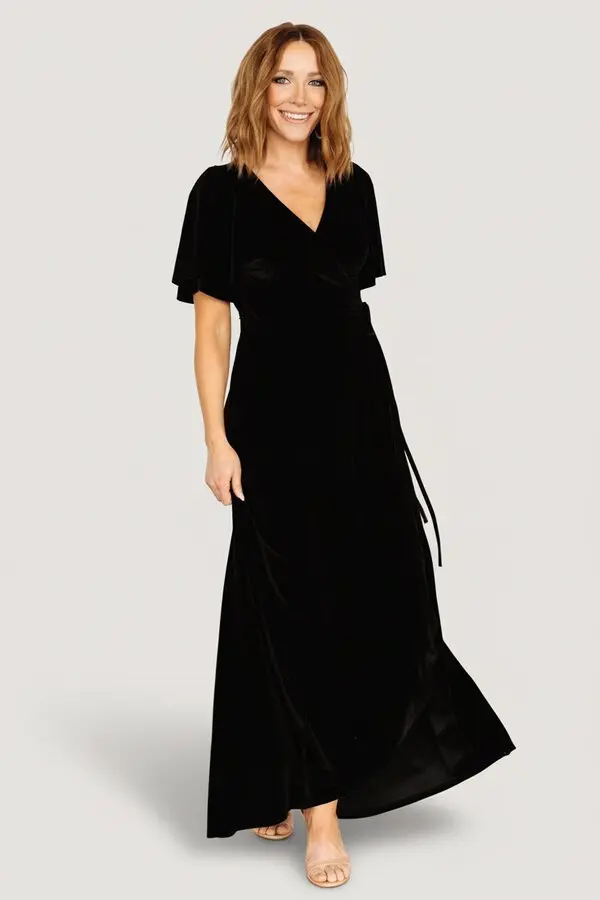 XH TEXTILES Katelyn Velvet Maxi Wrap Dress - Black