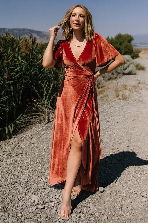 XH TEXTILES Katelyn Velvet Maxi Wrap Dress - Cinnamon