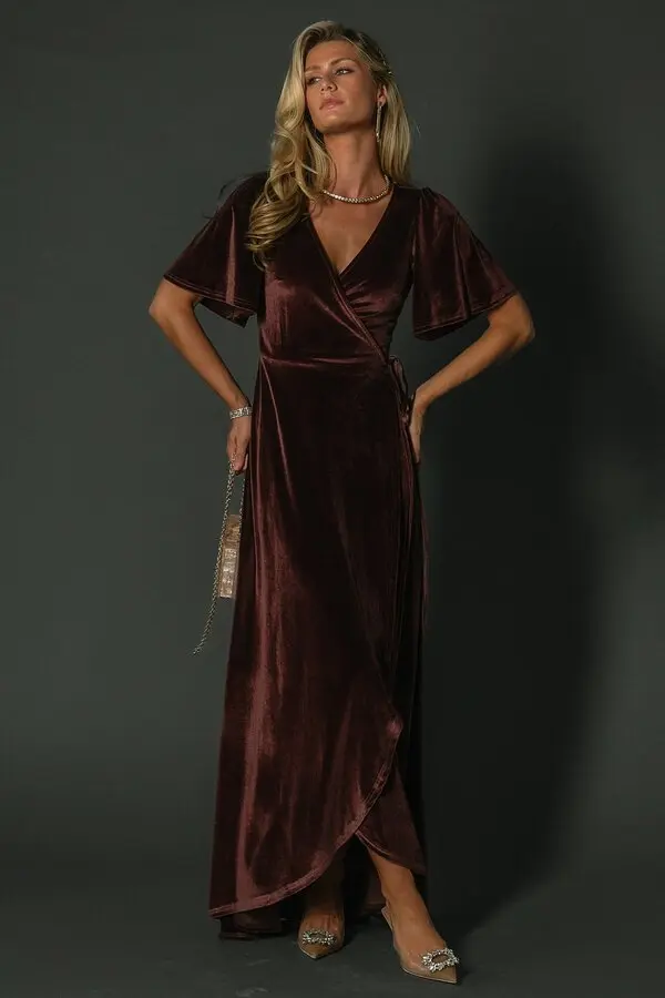 XH TEXTILES Katelyn Velvet Maxi Wrap Dress - Clove