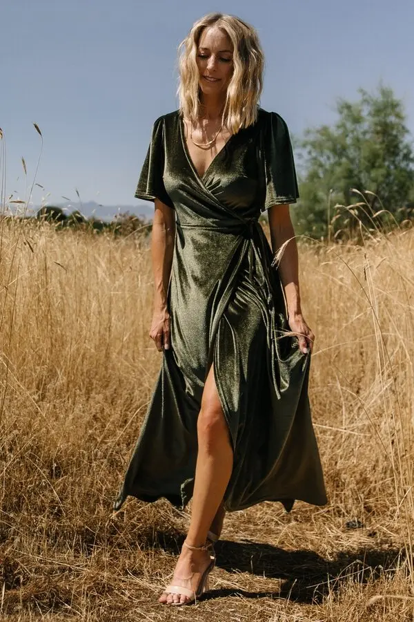XH TEXTILES Katelyn Velvet Maxi Wrap Dress - Dark Olive