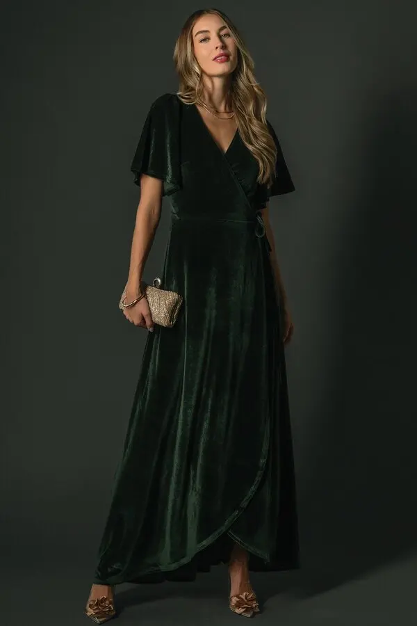 XH TEXTILES Katelyn Velvet Maxi Wrap Dress - Deep Green