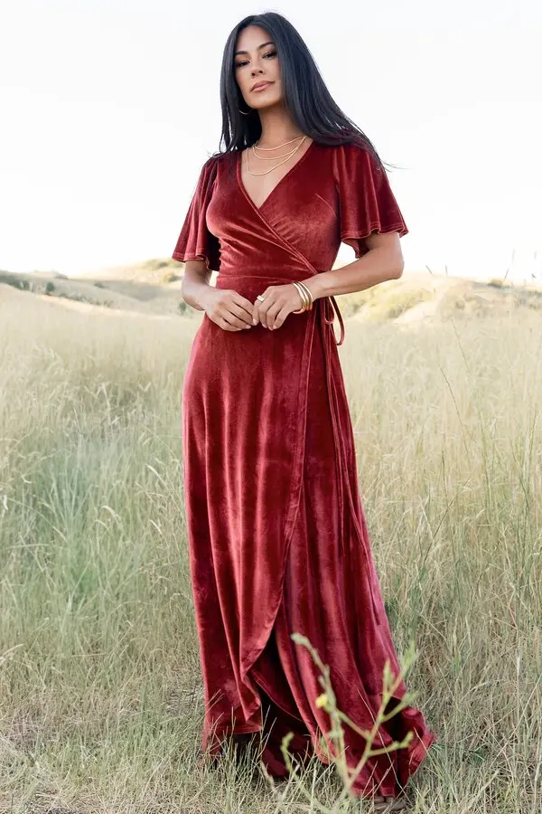 XH TEXTILES Katelyn Velvet Maxi Wrap Dress - Terracotta
