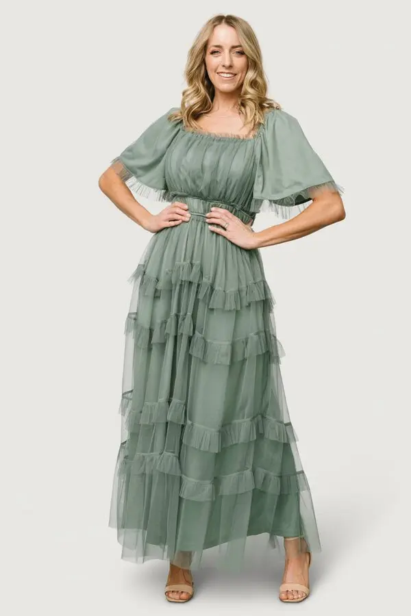 POLAGRAM Magdalena Tulle Maxi Dress - Eucalyptus
