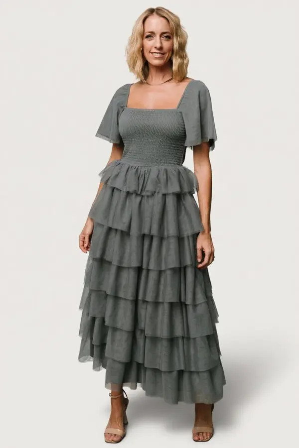 TEA N ROSE Cherise Tulle Tiered Maxi Dress - Blue Sage