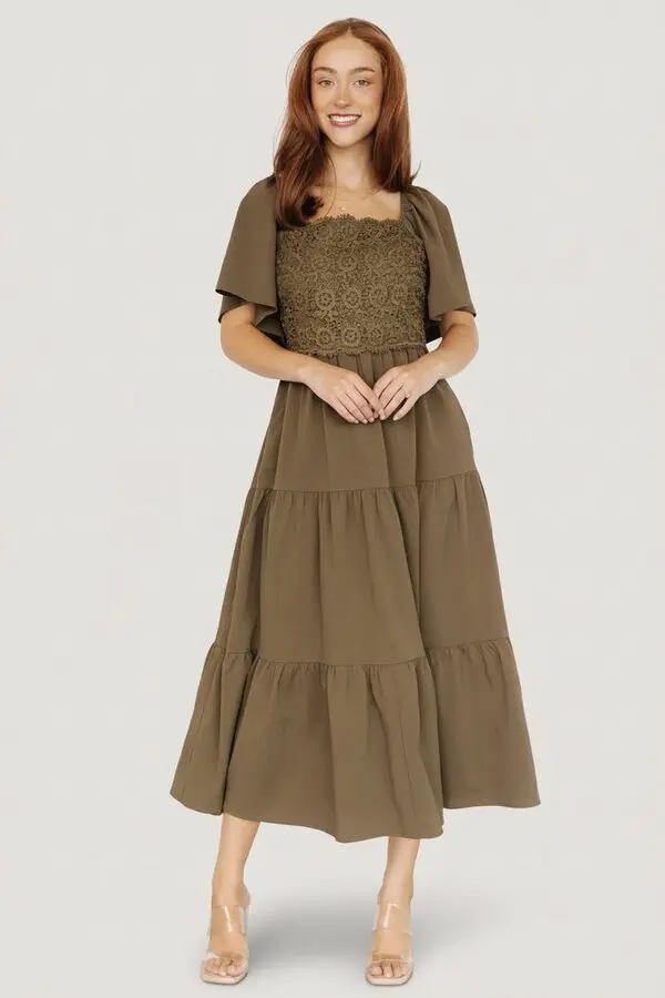 IN FEBRUARY Fauna Lace Top Midi Dress - Olive