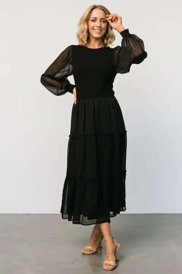 IN FEBRUARY Remi Ribbed Maxi Dress With Sheer Puff Sleeves
