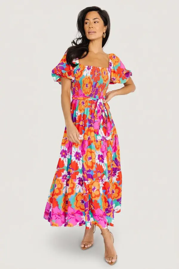 FLYING TOMATO Floral Print Maxi Dress With Smocked Bodice And Ruffled Tier - Multi Floral