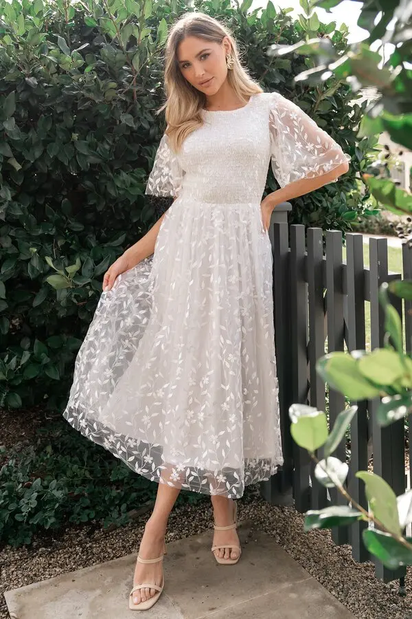 XH TEXTILES Kendra Embroidered Tulle Midi Dress - White