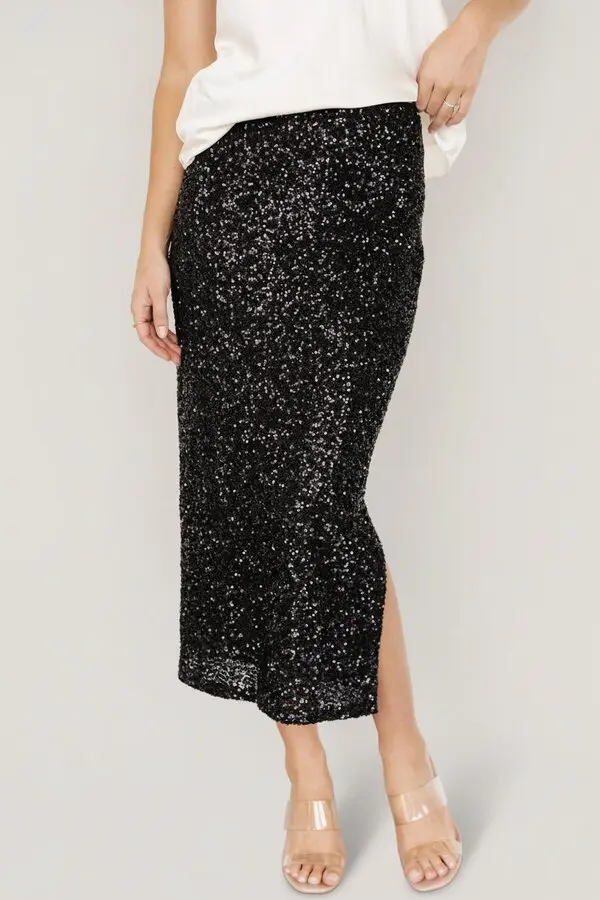 IN FEBRUARY Charmed Sequin Midi Skirt - Black