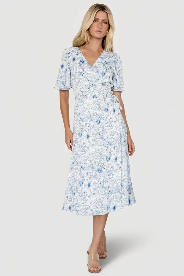SKIES ARE BLUE Amelie Wrap Midi Dress - Blue Print