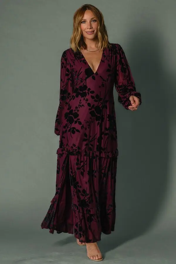 POLAGRAM Liana Velvet Embossed Maxi Dress - Mulberry