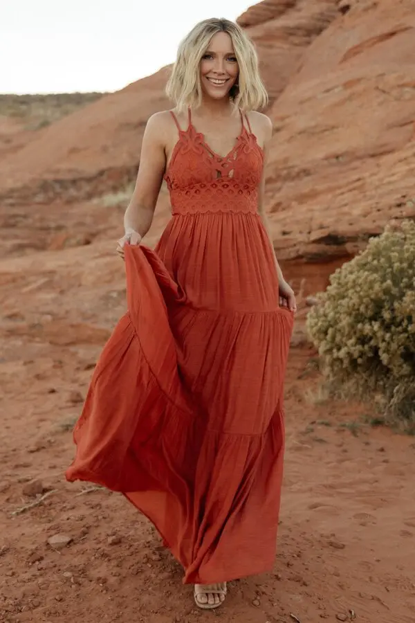 FLYING TOMATO Summerlin Lace Top Maxi Dress - Rust