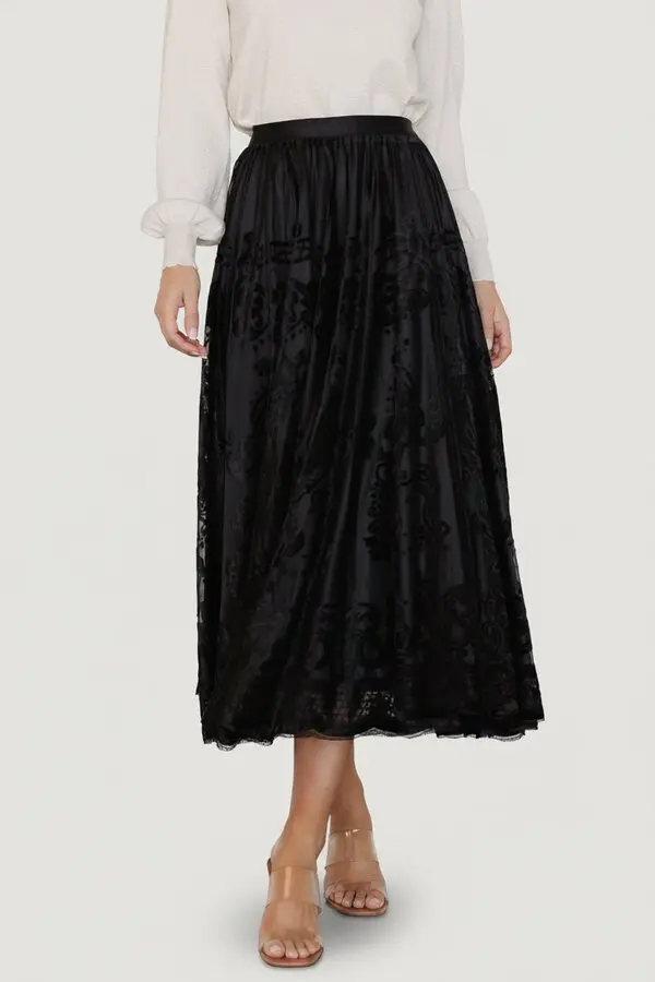 FLYING TOMATO Palini Velvet Burnout Midi Skirt - Black
