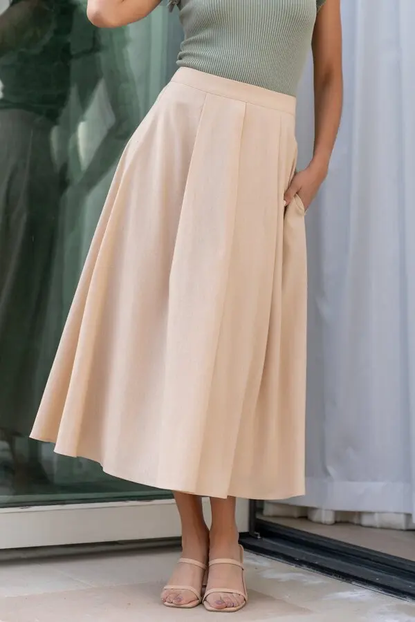 IN FEBRUARY Katie Pleated Midi Skirt - Natural