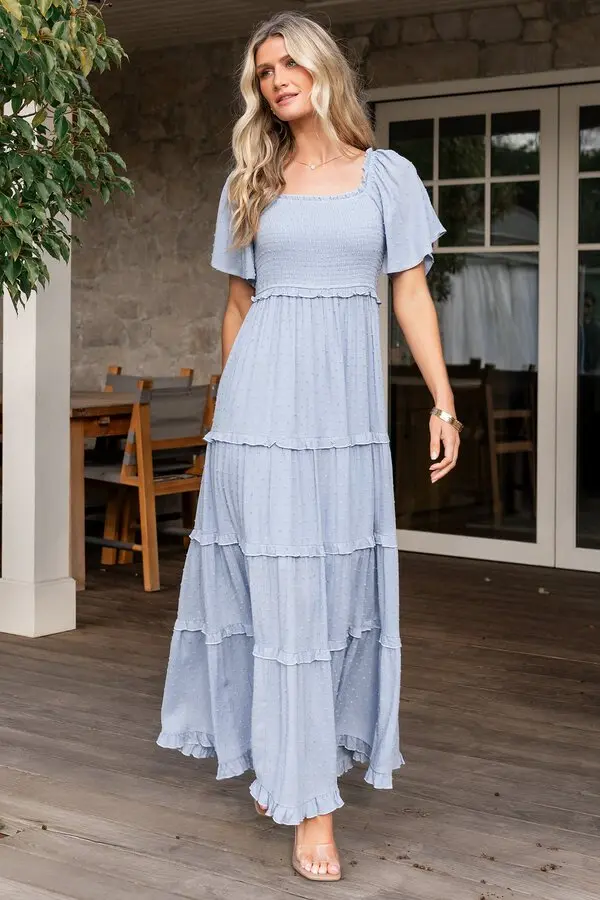 IN LOOM Lenora Smocked Dotted Maxi Dress - Dusty Blue