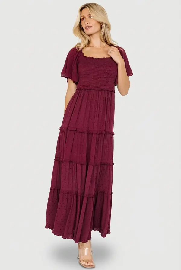 IN LOOM Lenora Smocked Dotted Maxi Dress - Wine