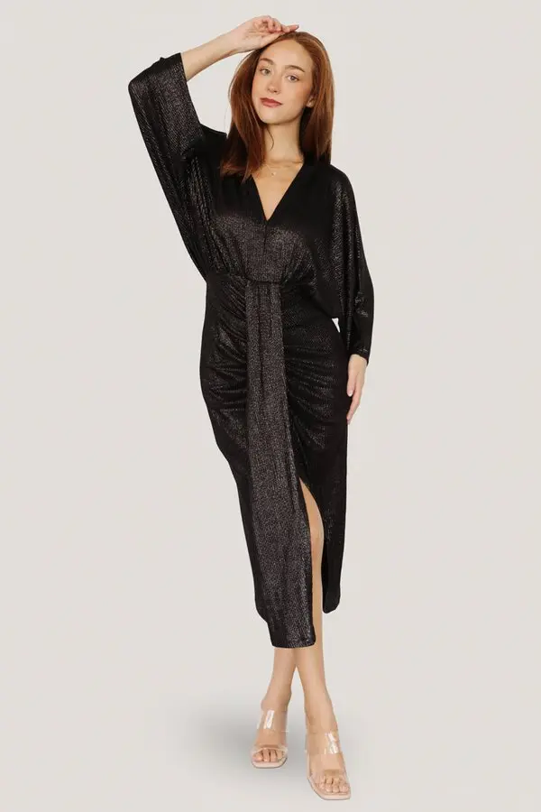 DRESS FORUM Ciara Ruched Midi Dress - Black Metallic