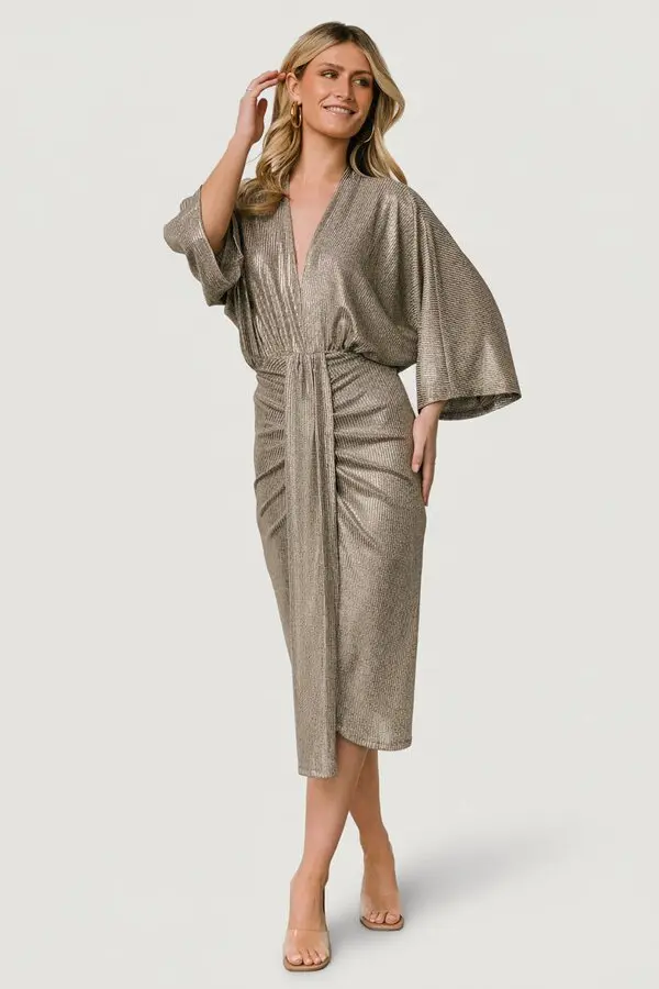 DRESS FORUM Ciara Ruched Midi Dress - Silver Metallic