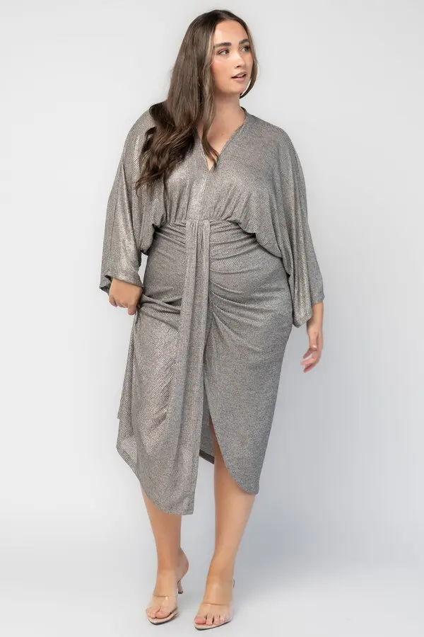 DRESS FORUM Ciara Ruched Midi Dress - Silver Metallic