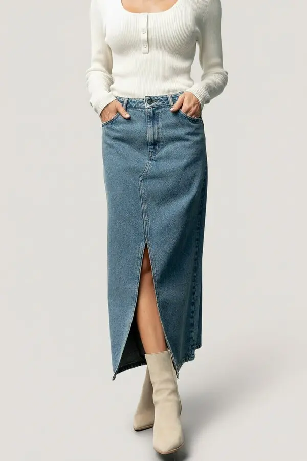 TEKSPARK Aleksa Denim Midi Skirt With Slit