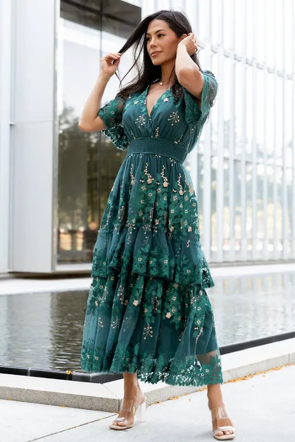 TEA N ROSE Lotte Embroidered Midi Dress - Emerald