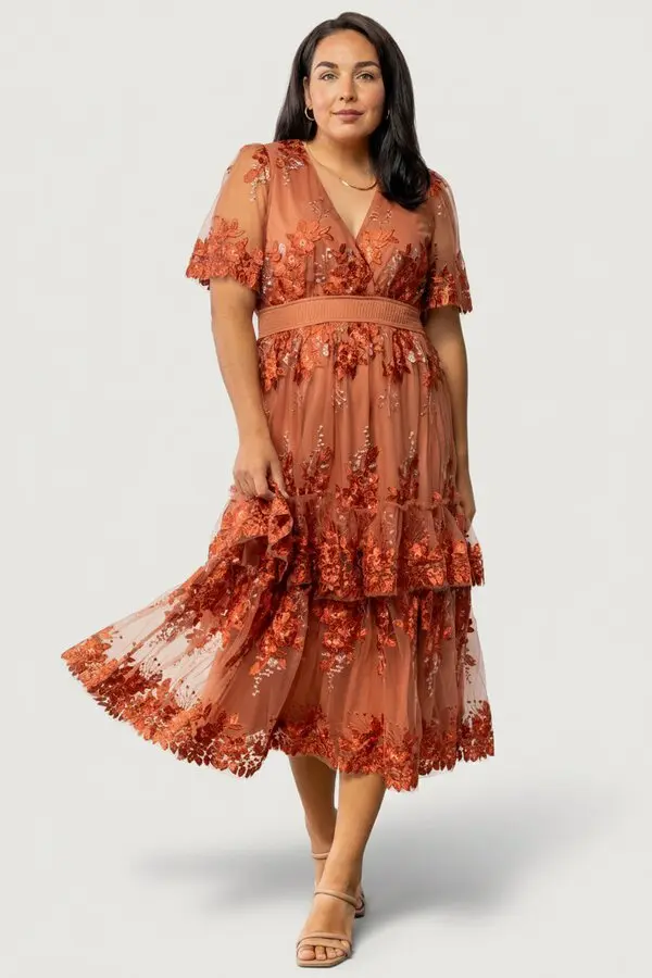 TEA N ROSE Lotte Embroidered Midi Dress - Rust
