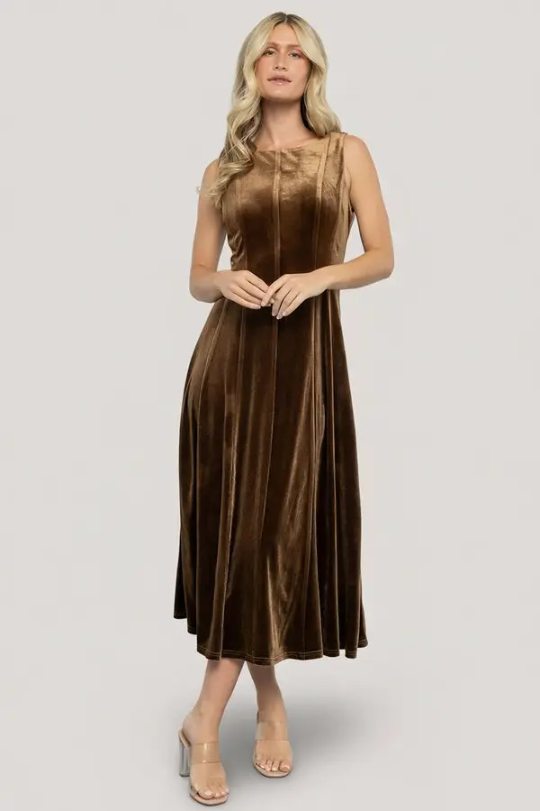 FLYING TOMATO Annika Velvet Midi Dress - Bronze