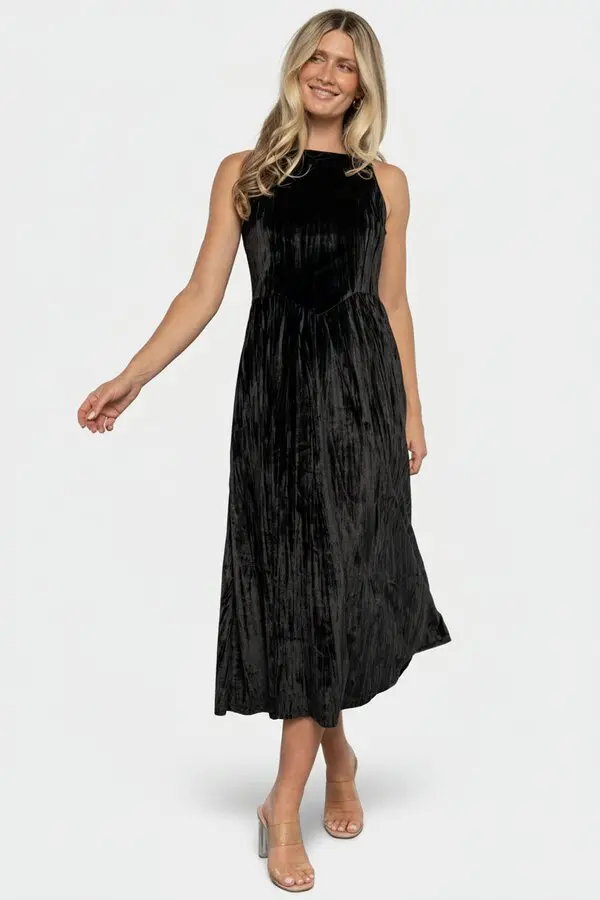 POLAGRAM Octavia Velvet Midi Dress - Black