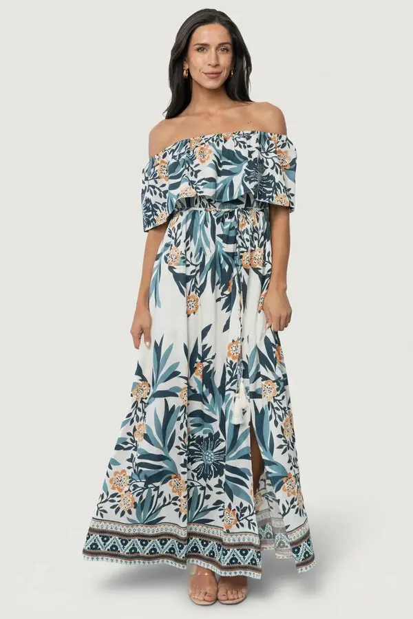 XH TEXTILES Valentina Off Shoulder Maxi Dress - Multi Print