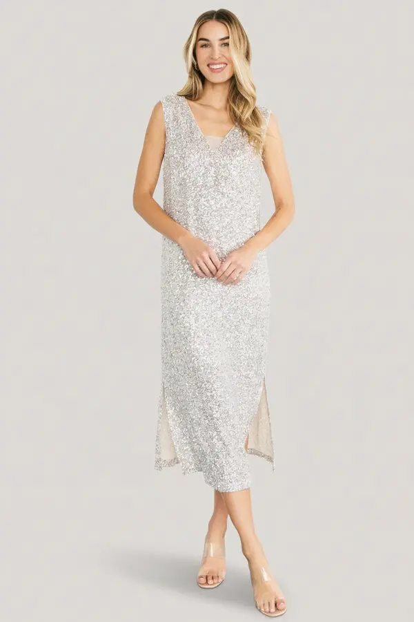 IN FEBRUARY Marissa Sequin Midi Dress With Floral Appliqués
