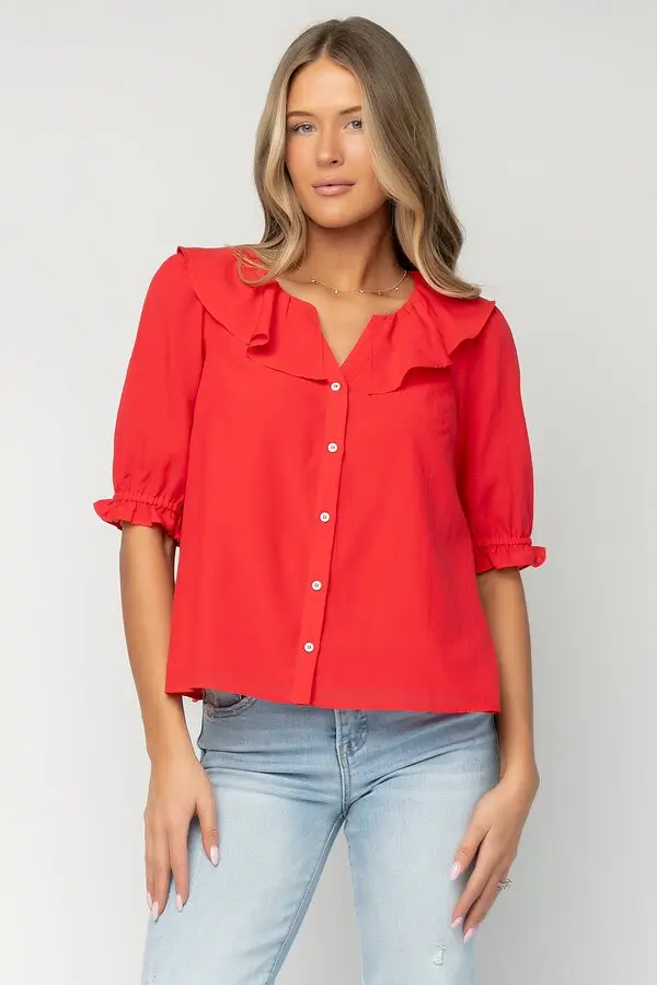 IN LOOM Daisy Ruffle Button Up Top - Red