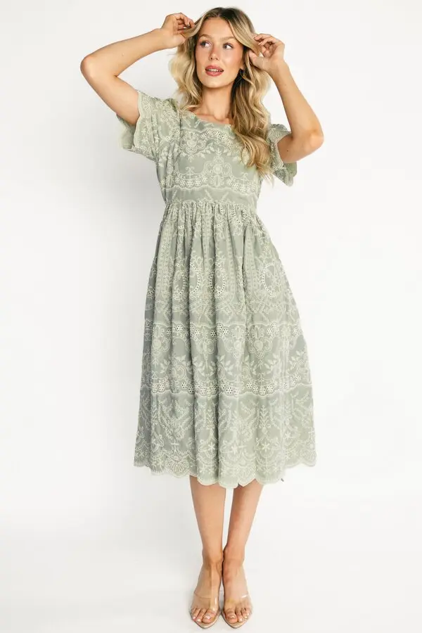 TEA N ROSE Margot Eyelet Midi Dress - Sage