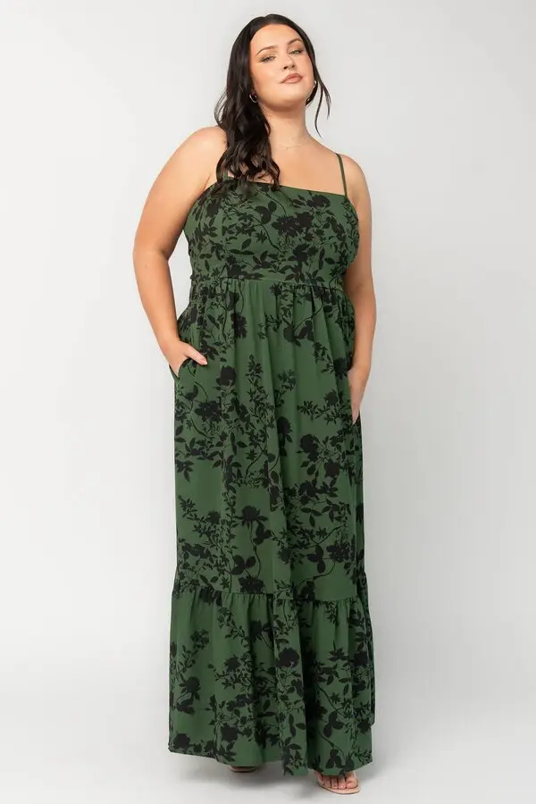 SUGAR LIPS Rowan Floral Print Chiffon Maxi Dress - Deep Olive