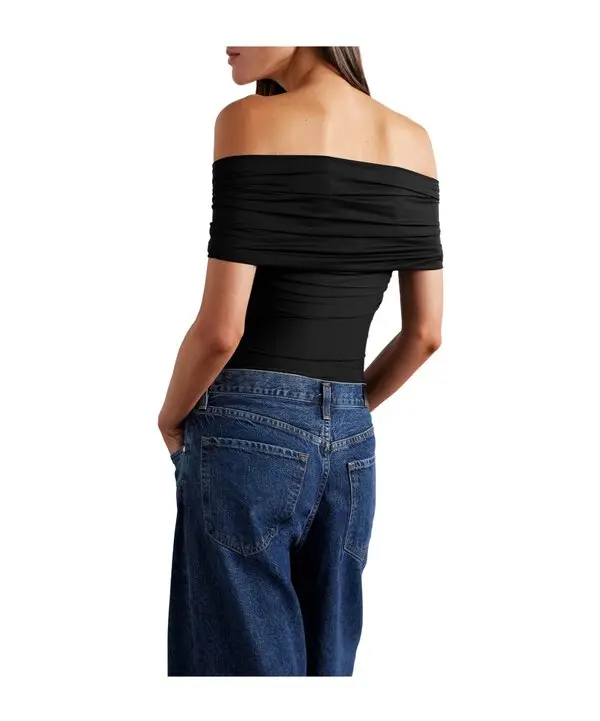 GOLDSIGN Off-the-shoulder Twist-front Ruched Stretch-jersey Thong Bodysuit