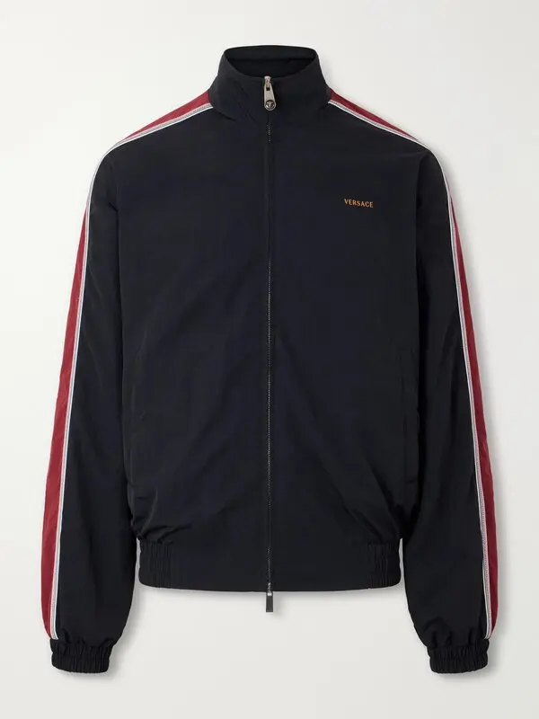 Versace Logo Embroidered Shell Jacket With Greca Motif